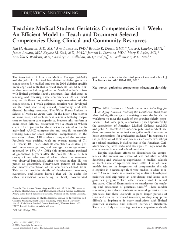 (PDF) Teaching Medical Student Geriatrics Competencies in 1 Week: An ...