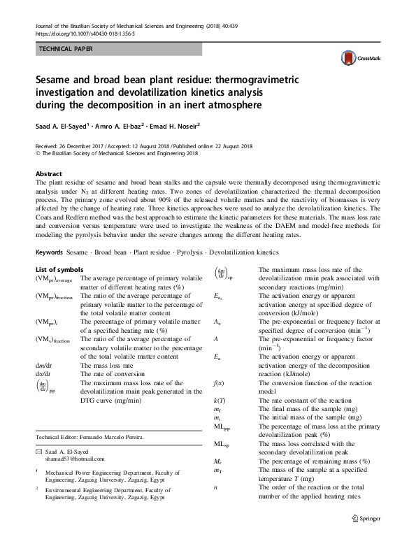 (PDF) Sesame and broad bean plant residue: thermogravimetric ...
