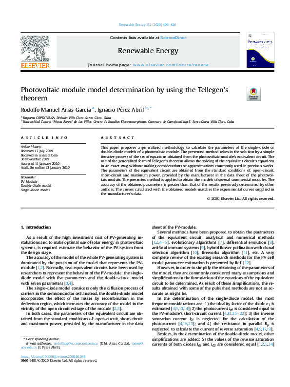 (PDF) Photovoltaic module model determination by using the Tellegen’s theorem