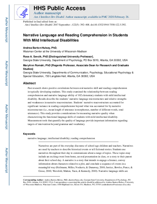 (PDF) Narrative Language and Reading Comprehension in Students With ...