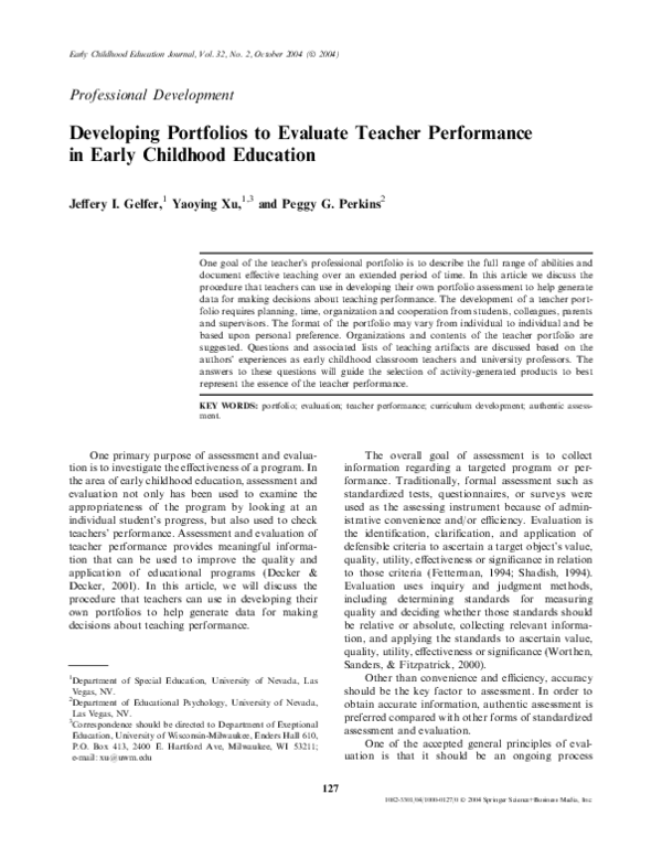(PDF) Developing Portfolios to Evaluate Teacher Performance in Early ...