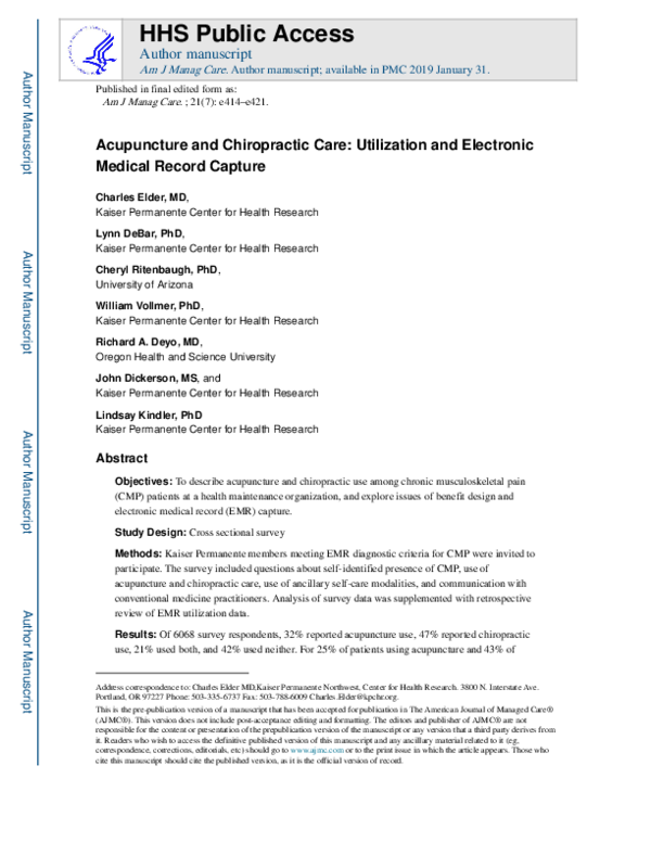 (PDF) Acupuncture and chiropractic care: utilization and electronic ...