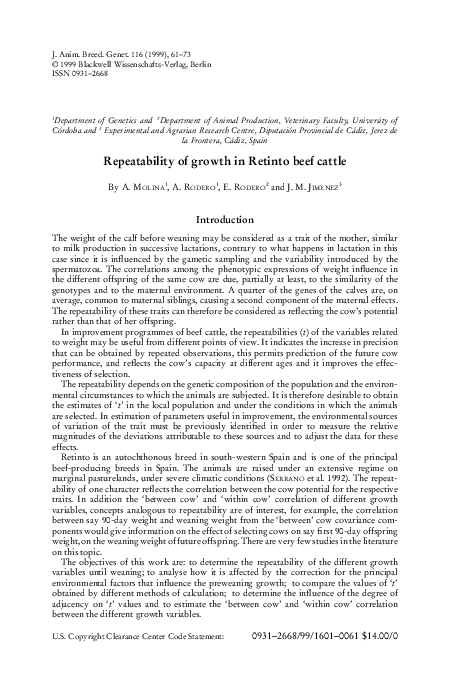 (PDF) Repeatability of growth in Retinto beef cattle