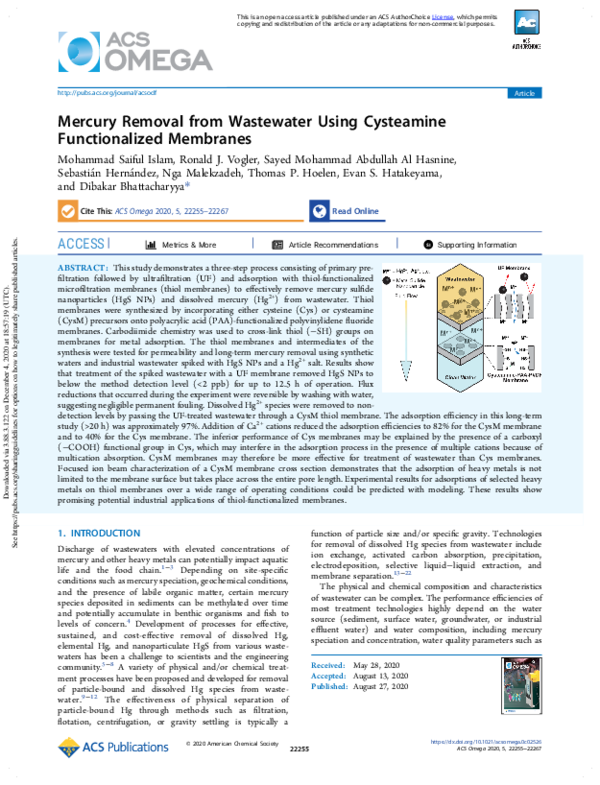 (PDF) Mercury Removal from Wastewater Using Cysteamine Functionalized ...