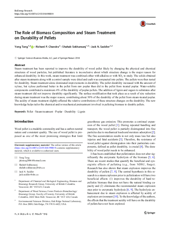 (PDF) The Role of Biomass Composition and Steam Treatment on Durability ...