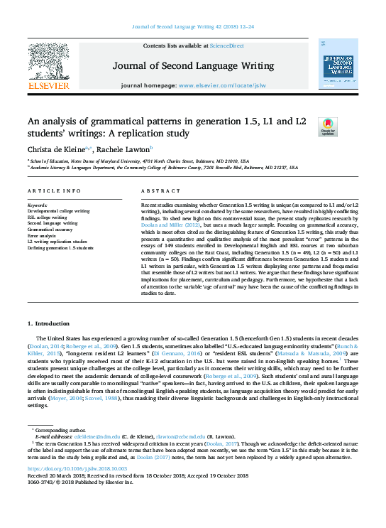 (PDF) An analysis of grammatical patterns in generation 1.5, L1 and L2 students’ writings: A ...