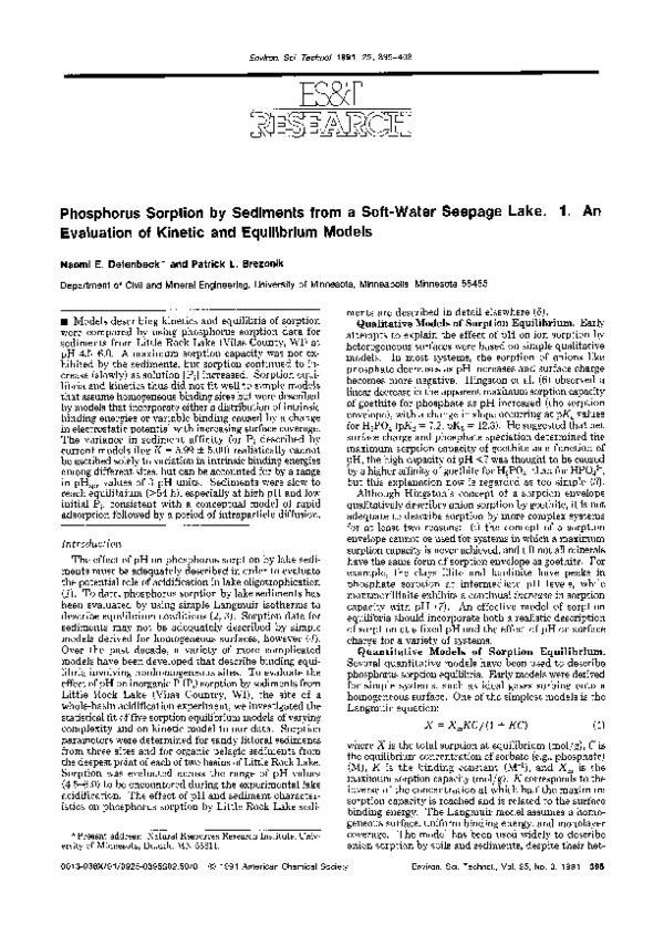 (PDF) Phosphorus sorption by sediments from a soft-water seepage lake. 2. Effects of pH and ...