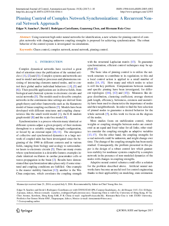 Pdf Pinning Control Of Complex Network Synchronization A Recurrent Neural Network Approach