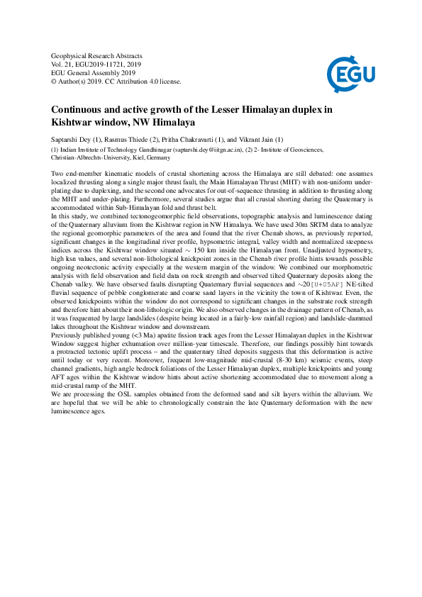 (PDF) Continuous and active growth of the Lesser Himalayan duplex in ...