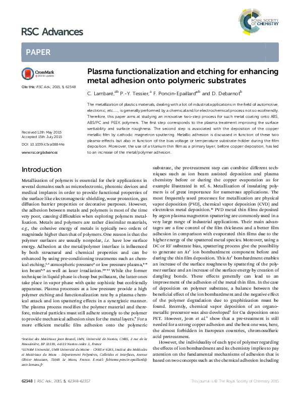 (PDF) Plasma functionalization and etching for enhancing metal adhesion ...