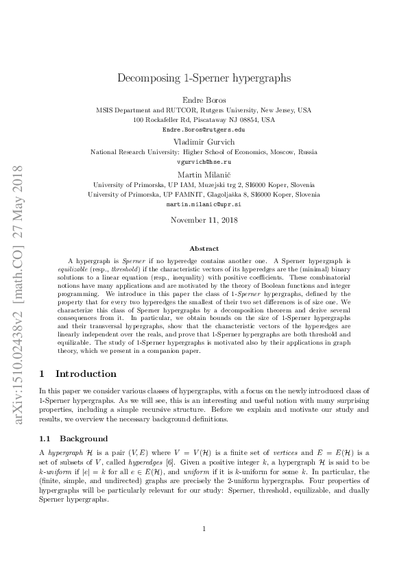 (PDF) 1-Sperner hypergraphs