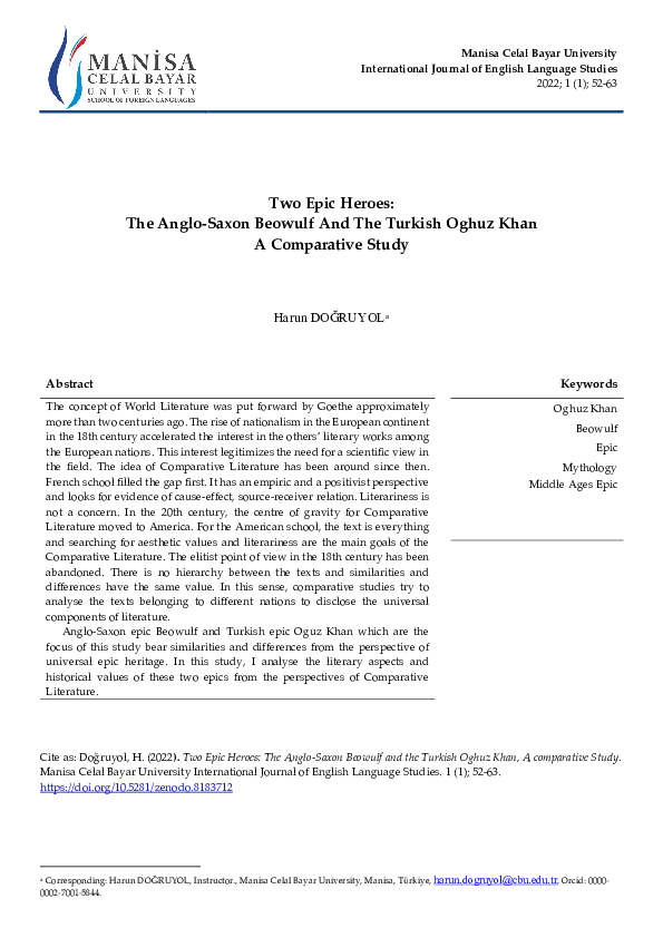 (PDF) Two Epic Heroes: The Anglo-Saxon Beowulf And The Turkish Oghuz ...