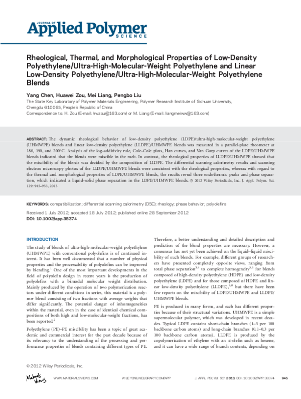 (PDF) Rheological, thermal, and morphological properties of low‐density polyethylene/ultra‐high ...