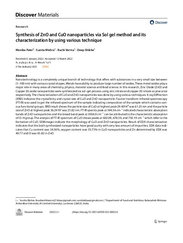 (PDF) Synthesis of ZnO and CuO nanoparticles via Sol gel method and its characterization by ...