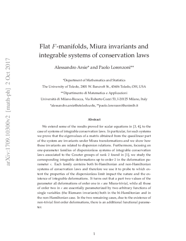 (PDF) Miura Invariants in Integrable Conservation Laws