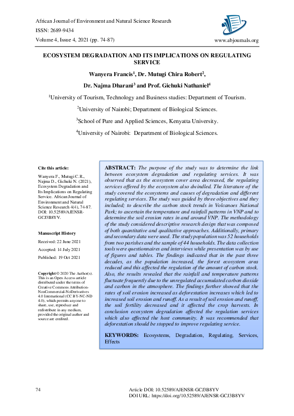 (PDF) Ecosystem Degradation and Its Implications on Regulating Service