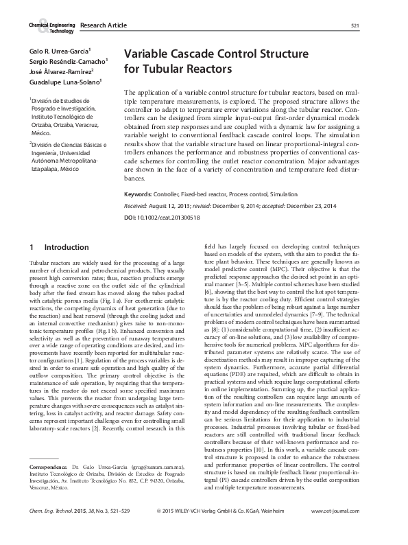 (PDF) Variable Cascade Control Structure for Tubular Reactors