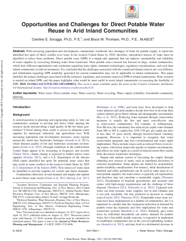 (PDF) Opportunities and Challenges for Direct Potable Water Reuse in ...