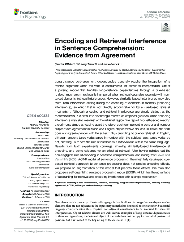 (PDF) Encoding and Retrieval Interference in Sentence Comprehension: Evidence from Agreement