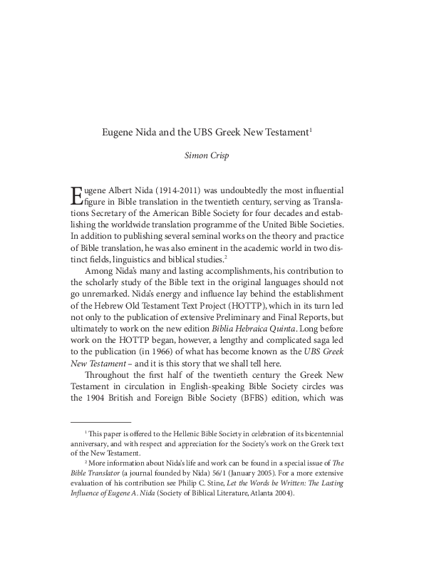 (PDF) Eugene Nida and the UBS Greek New Testament