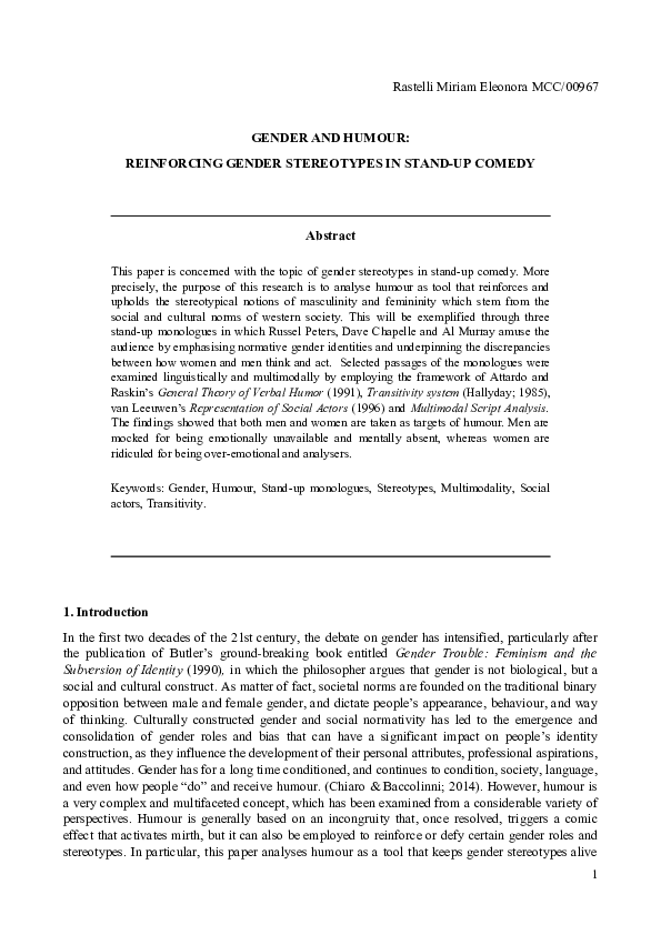 (DOC) Gender and Humour: Reinforcing Gender Stereotypes in Stand-up Comedy
