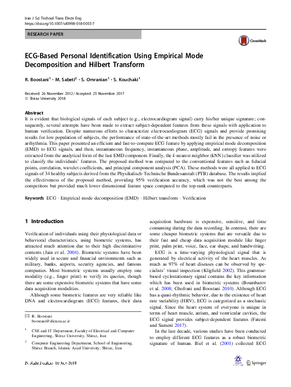 Pdf Ecg Based Personal Identification Using Empirical Mode Decomposition And Hilbert Transform