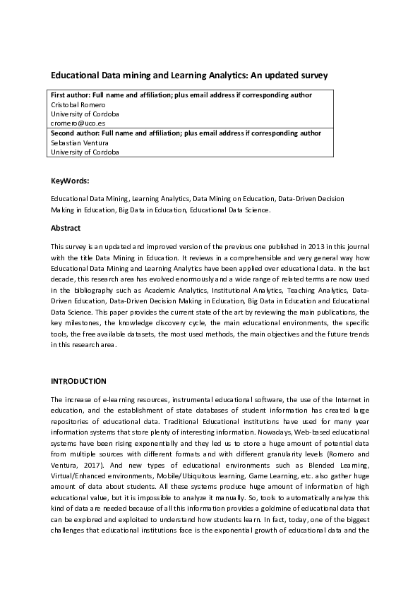 Pdf Educational Data Mining And Learning Analytics An Updated Survey