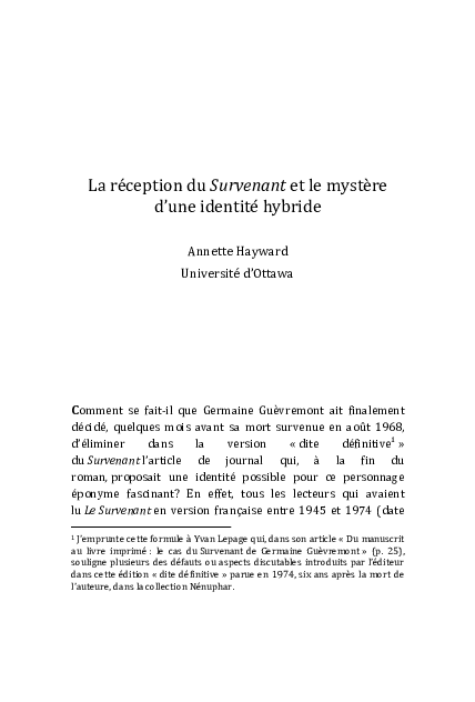 (PDF) La réception du Survenant et le mystère d’une identité hybride | Annette Hayward ...