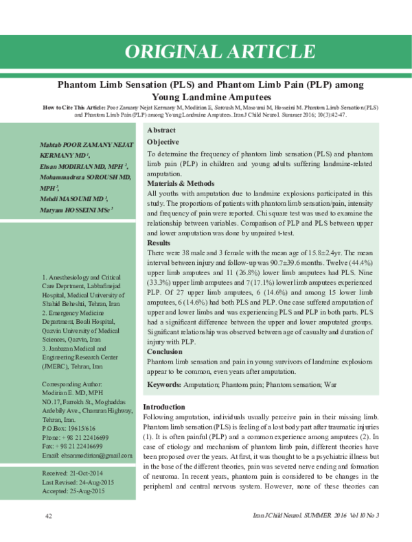 (PDF) Phantom Limb Sensation (PLS) and Phantom Limb Pain (PLP) among Young Landmine Amputees ...