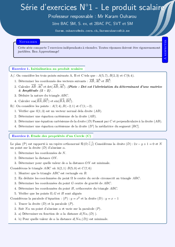 (PDF) Série d'exercices N°1, le produit scalaire, 1BAC SM et S. Ex et autres filières techniques ...