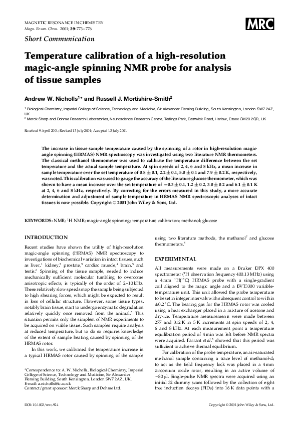 (PDF) Temperature calibration of a high‐resolution magic‐angle spinning NMR probe for analysis ...