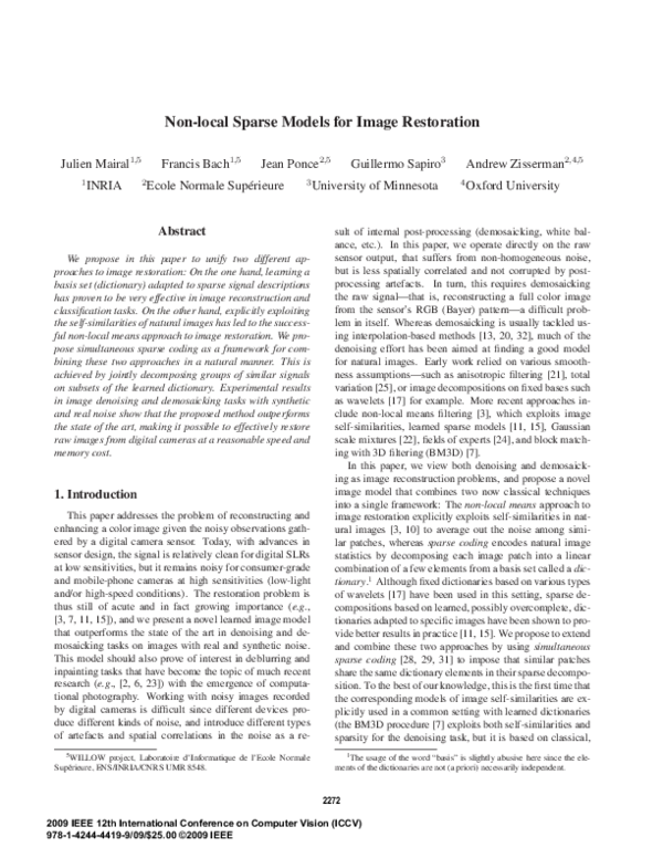 (PDF) Non-local sparse models for image restoration