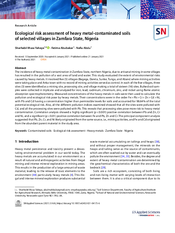 (PDF) Heavy Metal Risk Assessment in Zamfara Soils