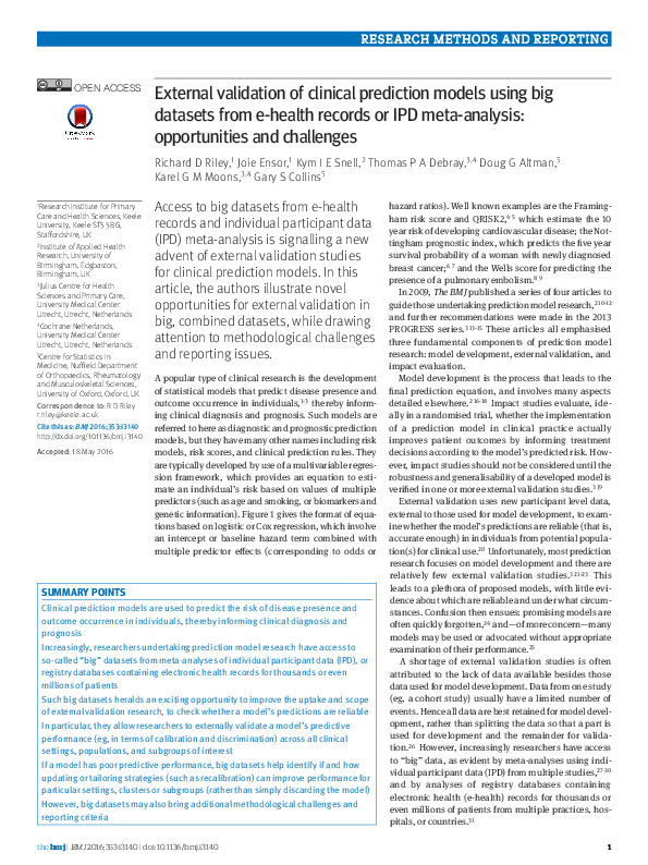 Pdf External Validation Of A Clinical Prediction Model In Multiple