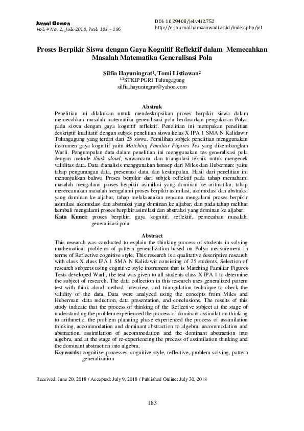 (PDF) Proses Berpikir Siswa dengan Gaya Kognitif Reflektif dalam Memecahkan Masalah Matematika ...