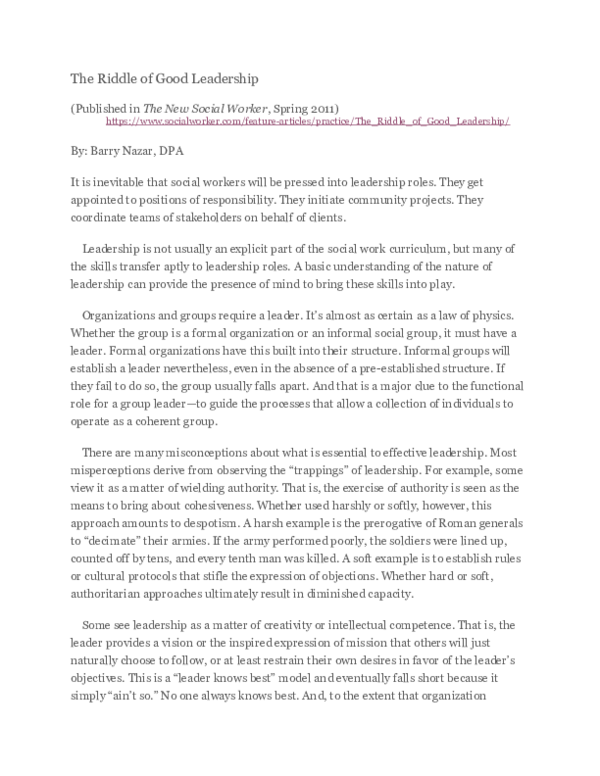 (PDF) The Riddle of Good Leadership | Barry Nazar - Academia.edu