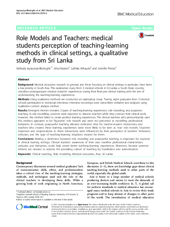 (PDF) Role Models and Teachers: medical students perception of teaching ...