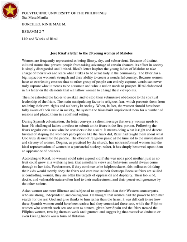 (PDF) JOSE RIZAL'S LETTER TTO THE 20 YOUNG WOMEN OF MALOLOS