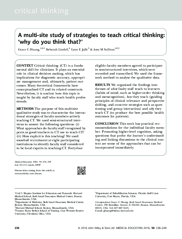 (PDF) A multi-site study of strategies to teach critical thinking: ‘why do you think that?’