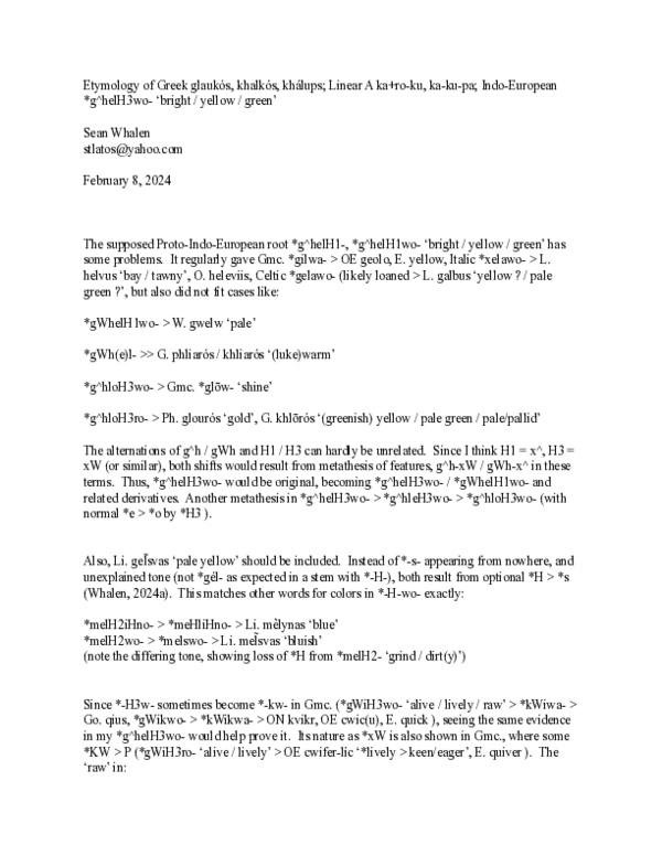 (PDF) Etymology of Greek glaukós, khalkós, khálups; Linear A ka+ro-ku ...