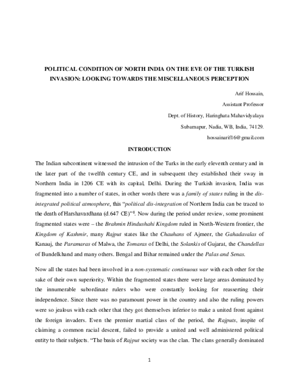 (PDF) POLITICAL CONDITION OF NORTH INDIA ON THE EVE OF THE TURKISH ...