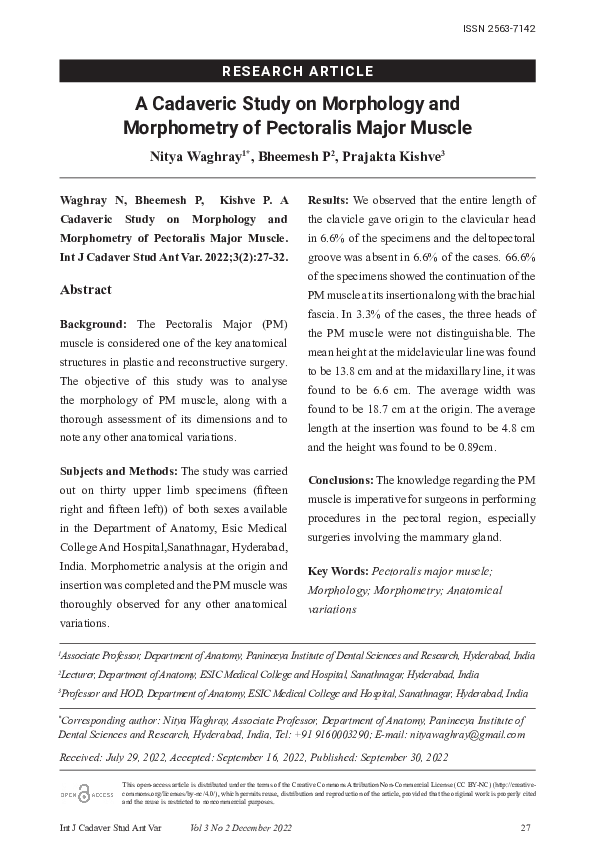 (PDF) A Cadaveric Study on Morphology and Morphometry of Pectoralis ...