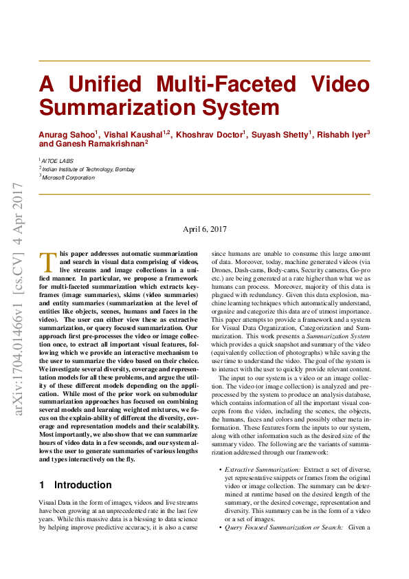 (PDF) A Unified Multi-Faceted Video Summarization System | Vishal Kaushal - Academia.edu
