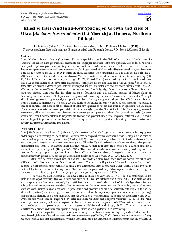 (PDF) Effect of Inter-And Intra-Row Spacing on Growth and Yield of Okra [Abelmoschus esculentus ...