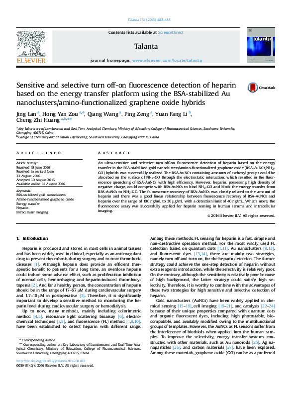 (PDF) Sensitive and selective turn-off-on fluorescence detection of Hg2+ and cysteine using ...