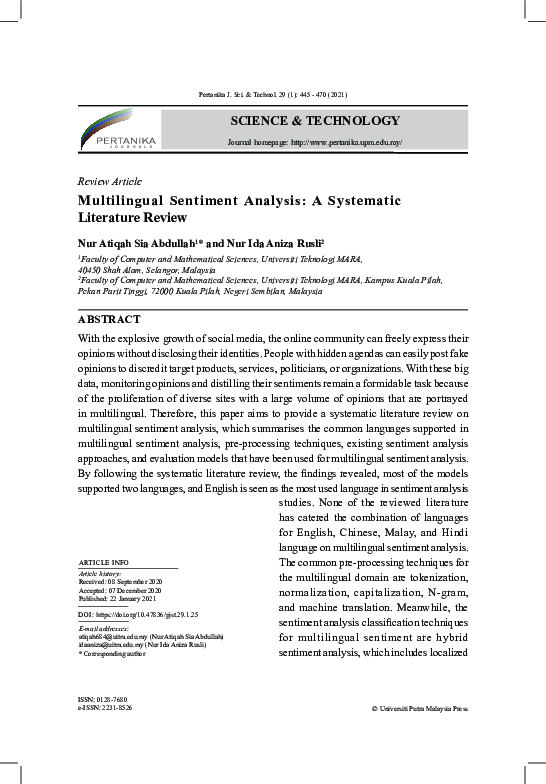 (PDF) Multilingual Sentiment Analysis: A Systematic Literature Review