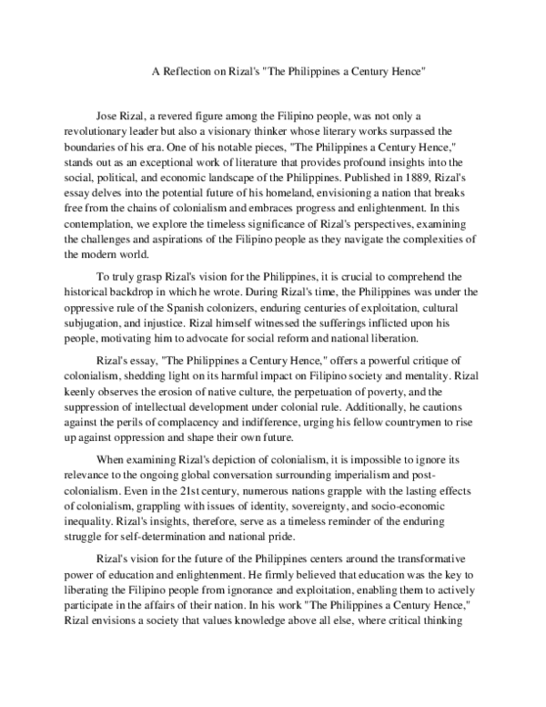 (PDF) A Reflection on Rizal's "The Philippines a Century Hence"