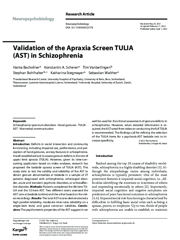(PDF) Validation of the Apraxia Screen TULIA (AST) in Schizophrenia