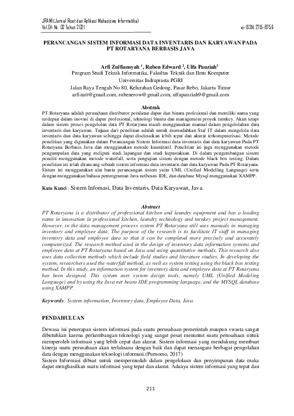 (PDF) Perancangan Sistem Informasi Data Inventaris dan Karyawan pada PT. Rotaryana Berbasis Java