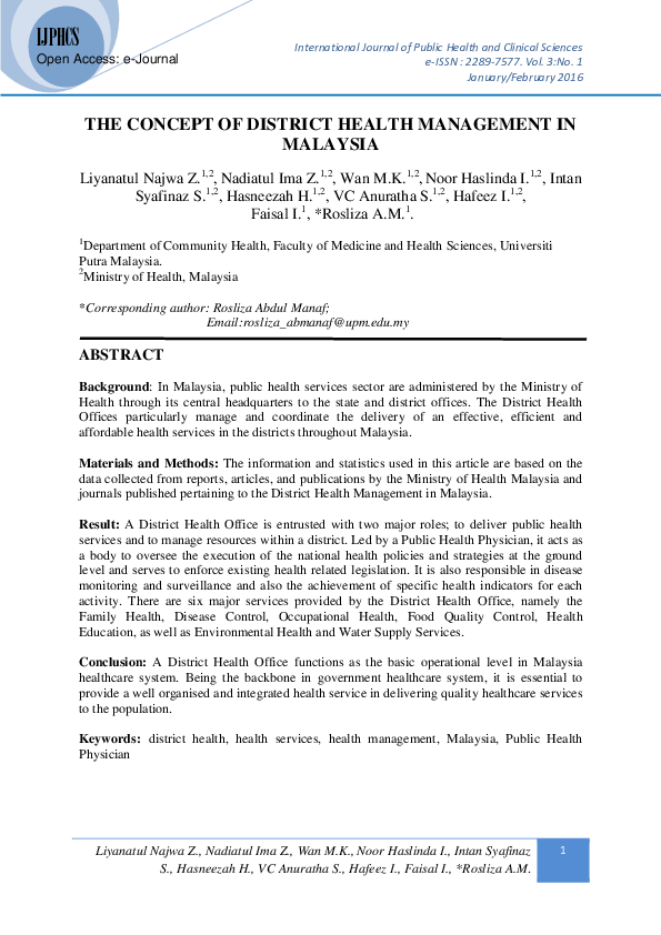 (PDF) The Concept of District Health Management in Malaysia
